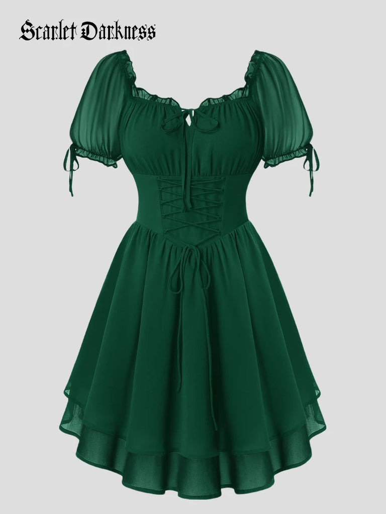 Scarlet Darkness Renaissance Corset Puff Sleeves Mini Dress With Pocket