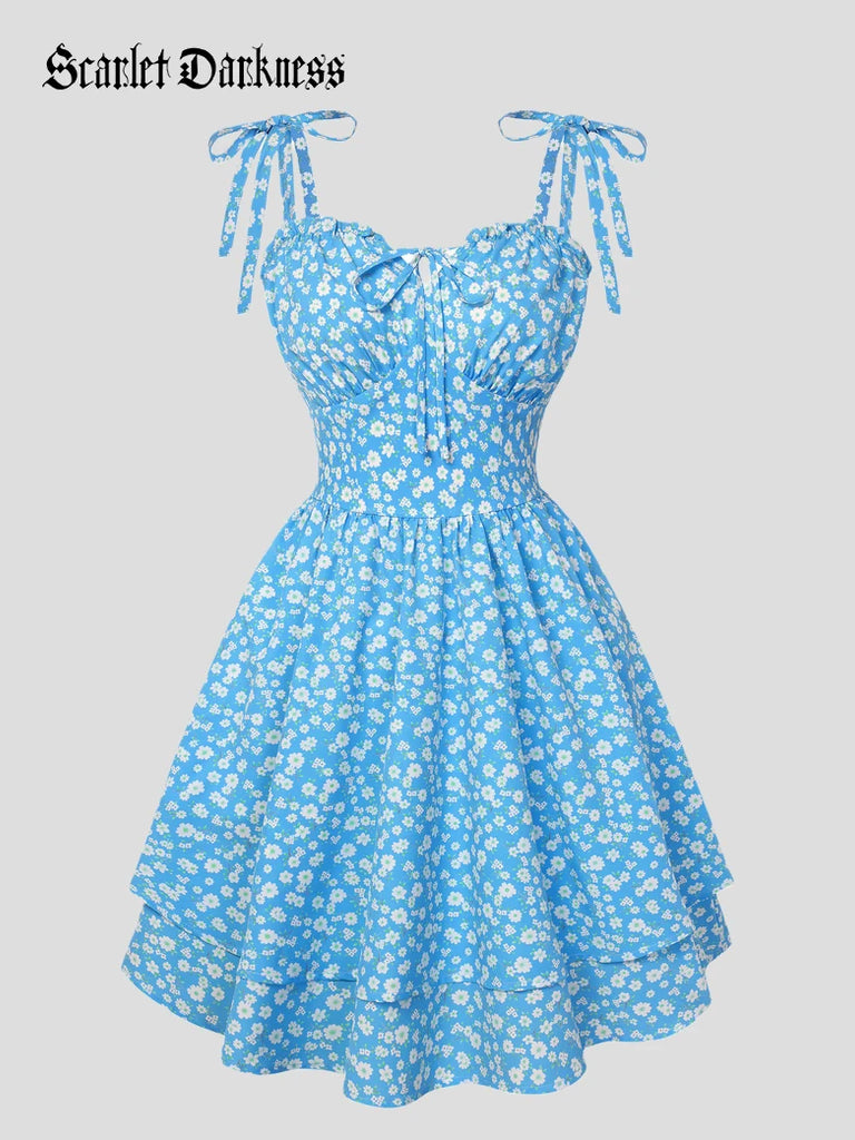 Scarlet Darkness Victorian Spring Ditsy Floral Fitted Dresses For Women
