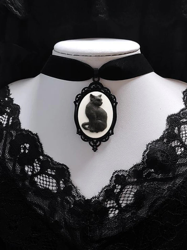 Scarlet Darkness Gothic Witch Cat Pendant Necklace