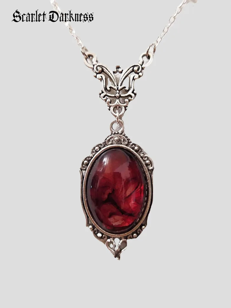 Scarlet Darkness Vampire Eye Blood Oval Glass Pendant Gothic Necklace