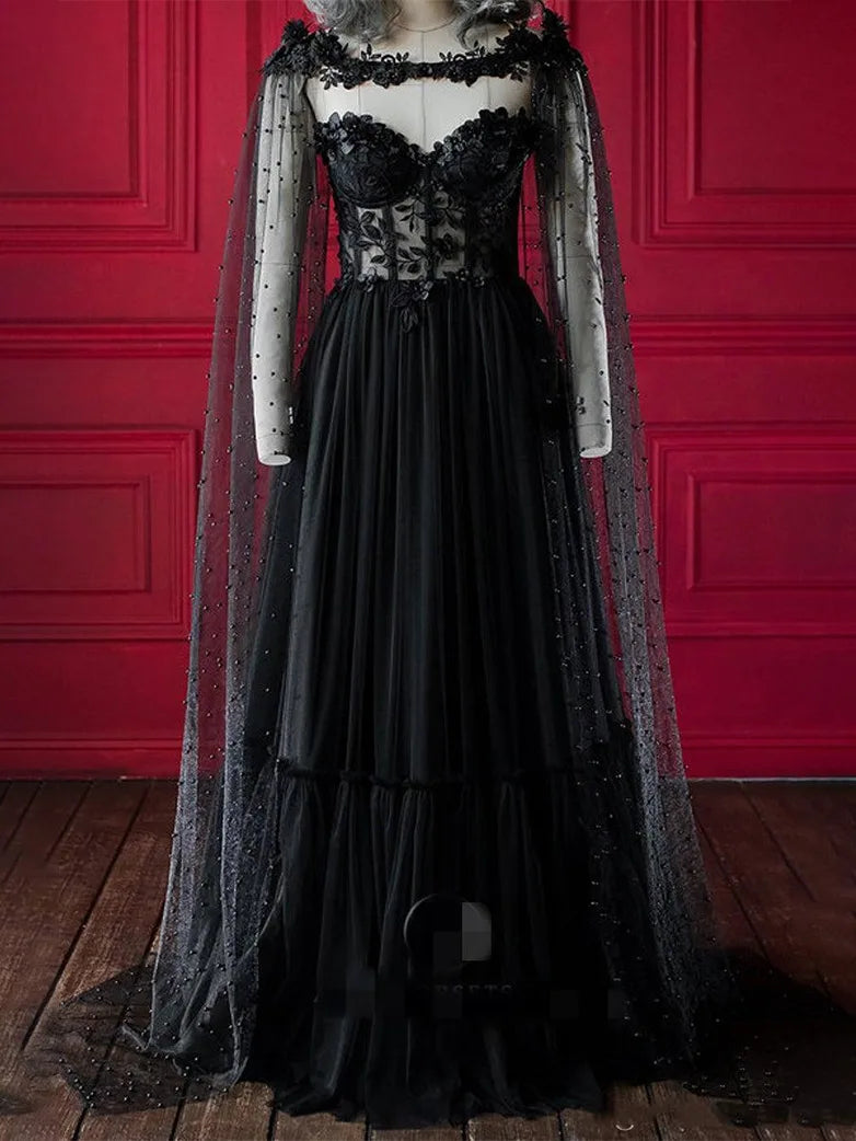 Scarlet Darkness Women Gothic Pearl Mesh Long Shawl for Wedding Cosplay